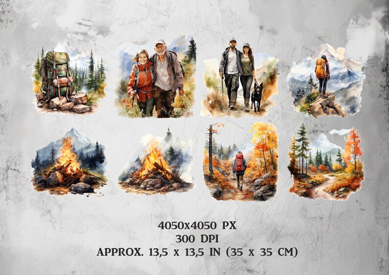 40 Hiking Adventure Clipart, Watercolor Outdoor Vacation PNG Digital ...