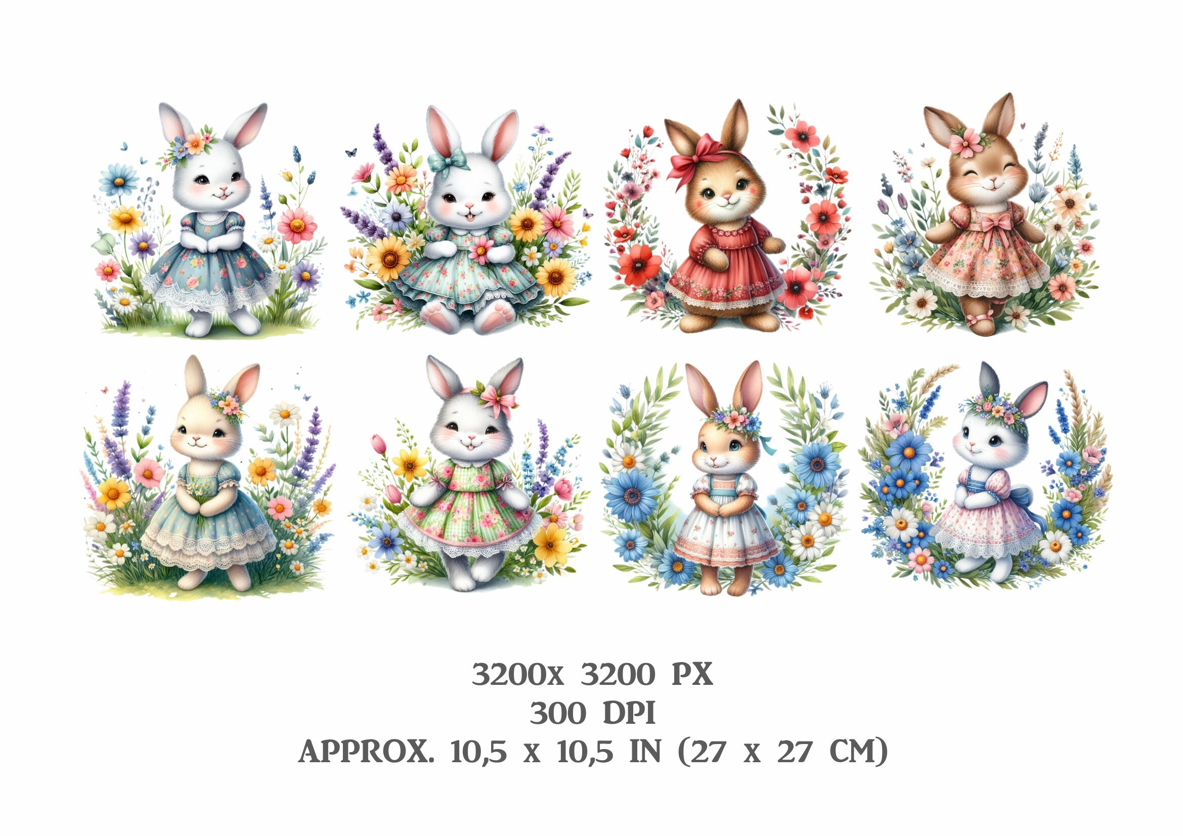 15 Cute Bunnies in Dresses Pack, Watercolor Spring Hares With Flowers ...