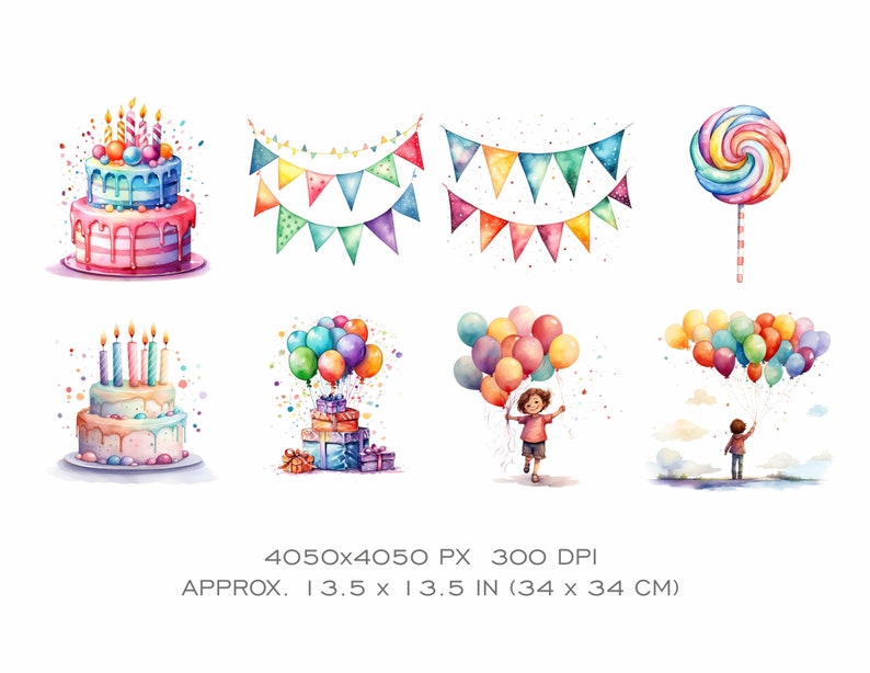 30 Happy Birthday Clipart Bundle Watercolor Kids Party Digital Clip Art ...