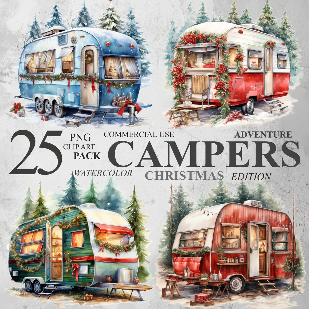25 Christmas Campers Clipart, Watercolor Holiday Caravan PNG Digital ...