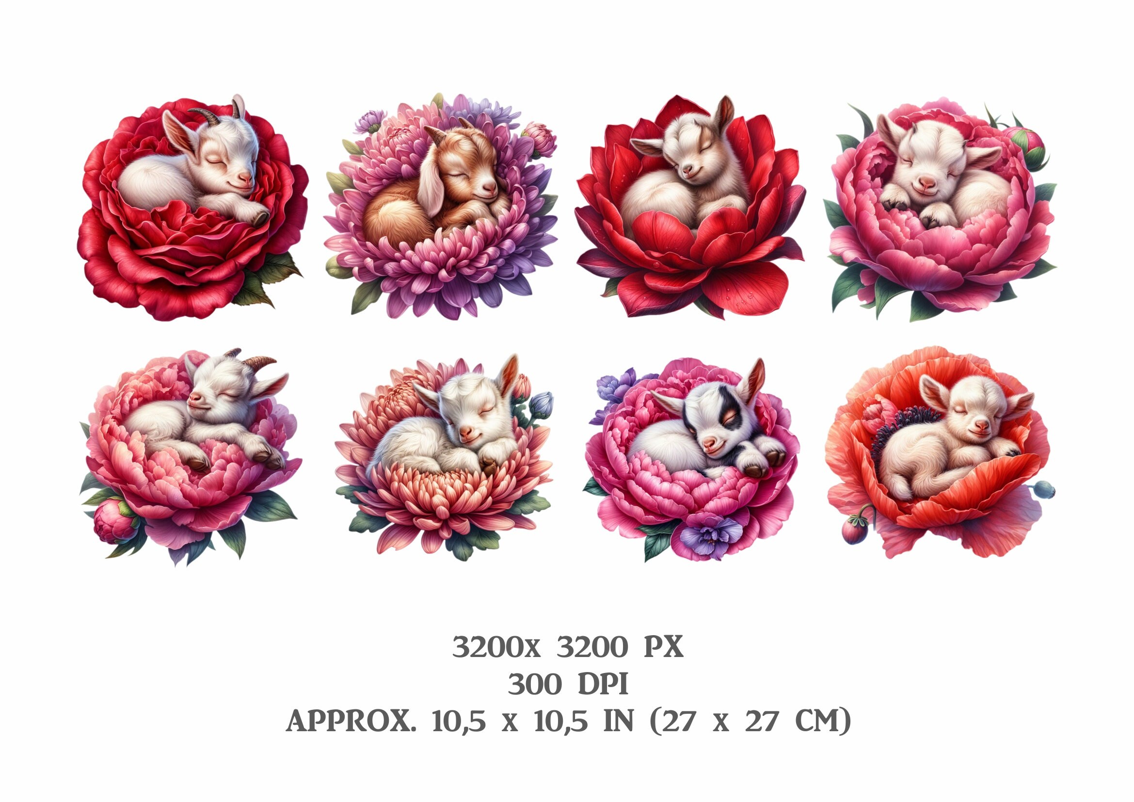 15 Watercolor Goats in Flowers Pack, Cute Floral Kid Goatling PNG Clip ...