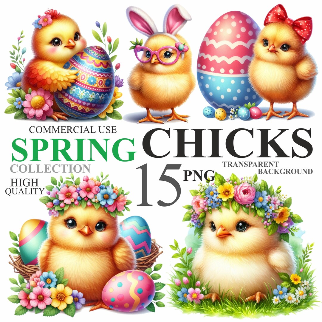 15 Watercolor Spring Chicks Pack, Cute Easter Chicken With Flowers PNG ...