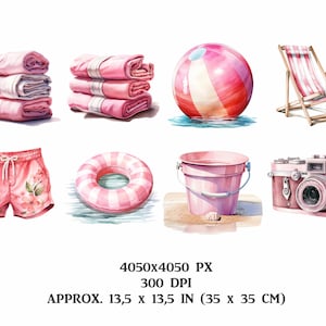 32 Pink Beach Clipart, Watercolor Summer Vacation PNG Digital Clip Art ...