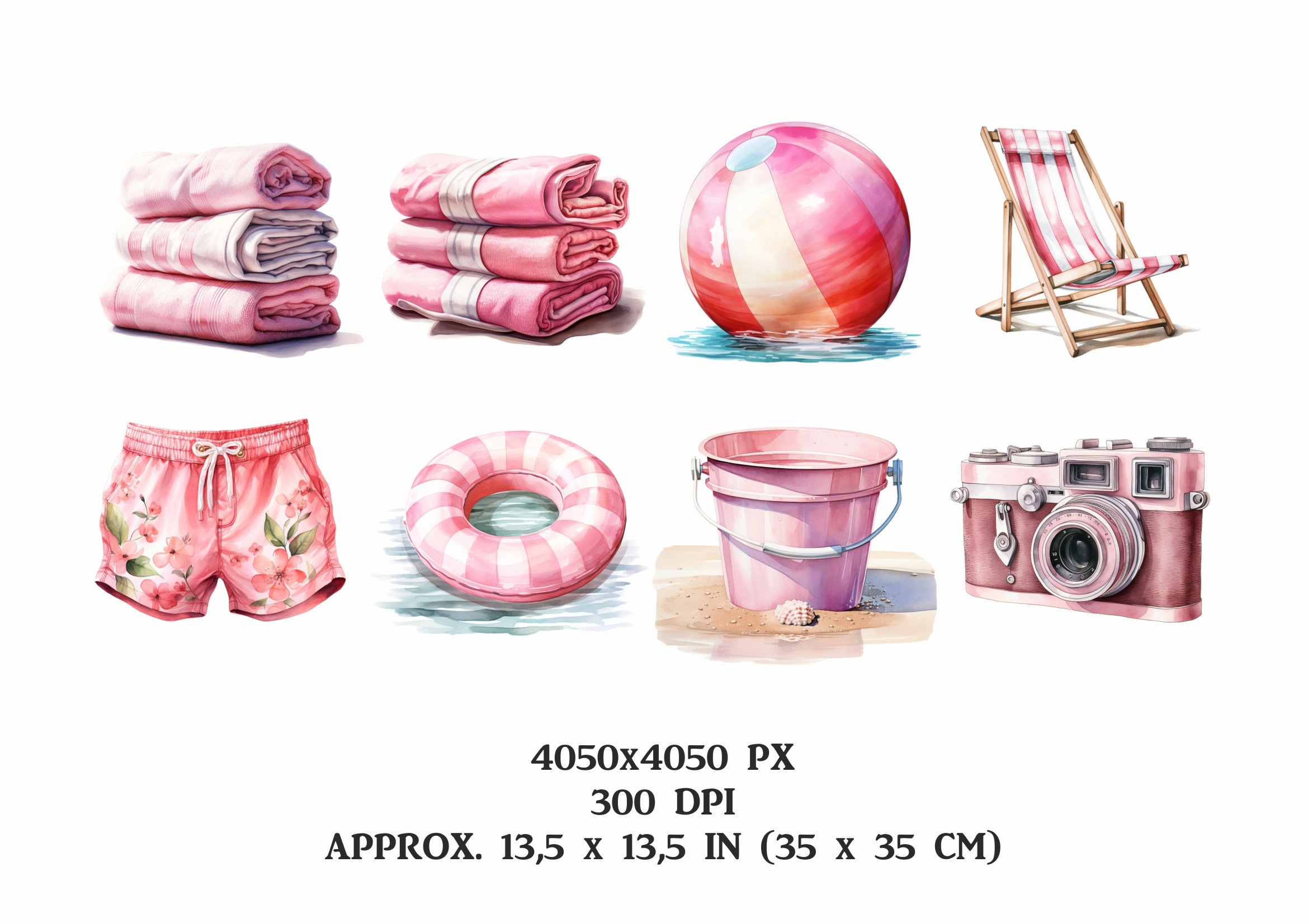 32 Pink Beach Clipart, Watercolor Summer Vacation PNG Digital Clip Art ...