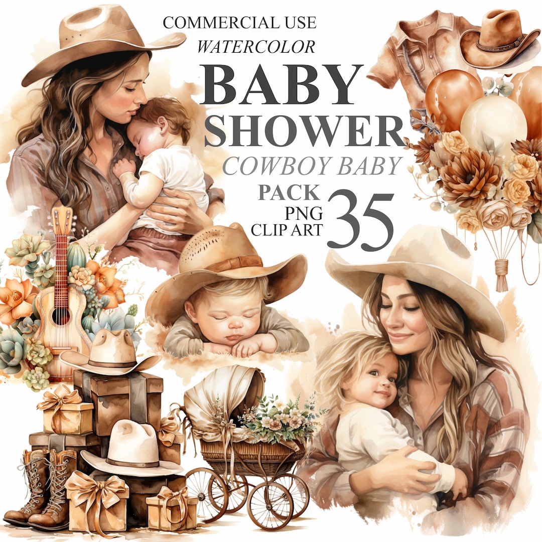 35 Watercolor Baby Shower Clipart Cowboy Baby Bundle Digital Clip Art ...