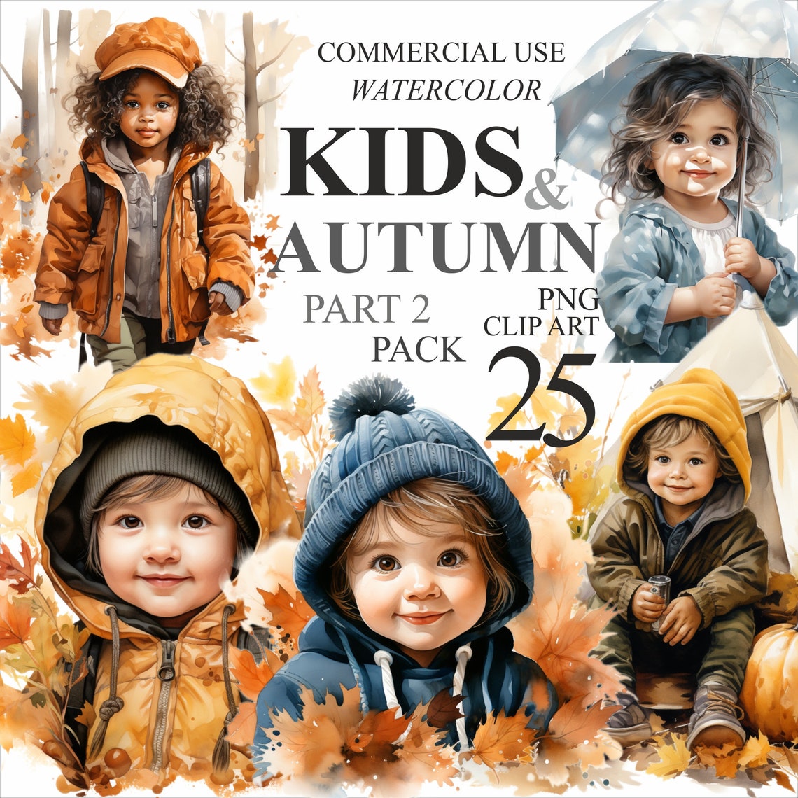 25 Watercolor Kids and Autumn Clipart Part 2, Happy Children Bundle ...