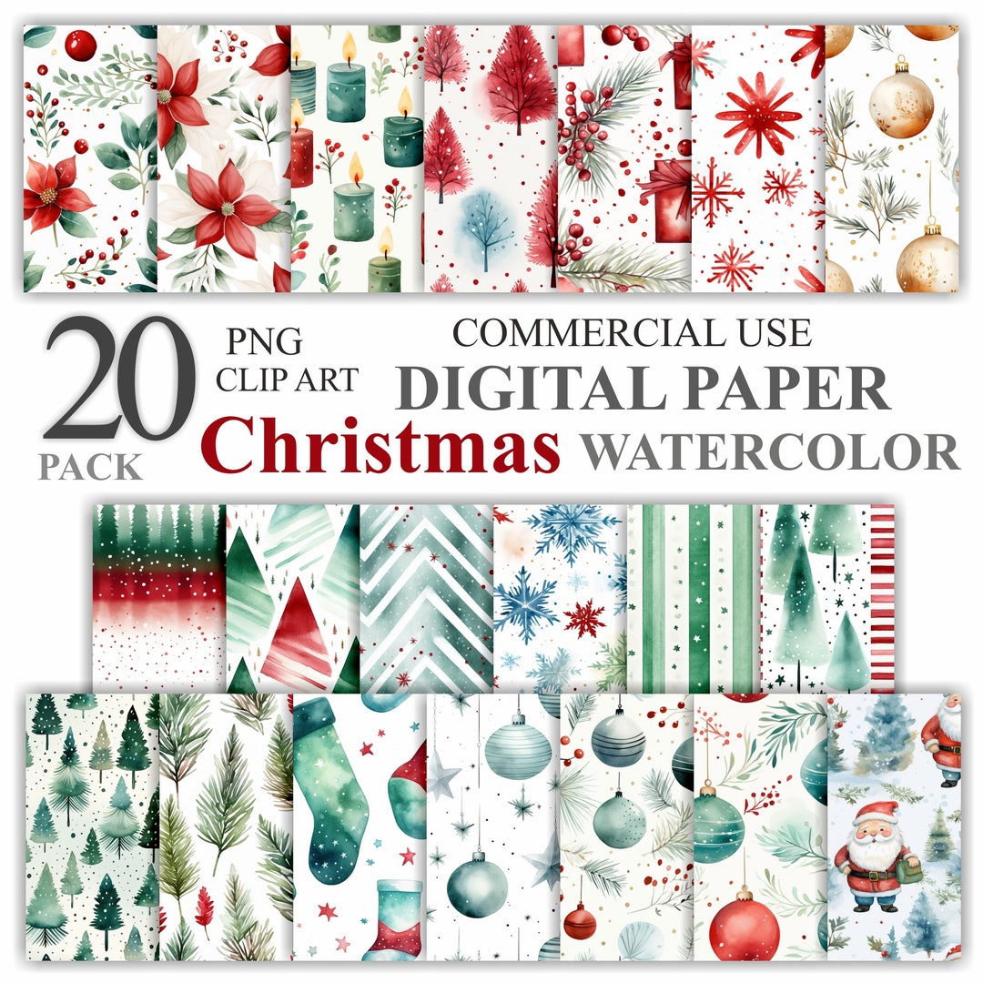 20 Watercolor Christmas Digital Paper Pack, Xmas Doodle Seamless ...
