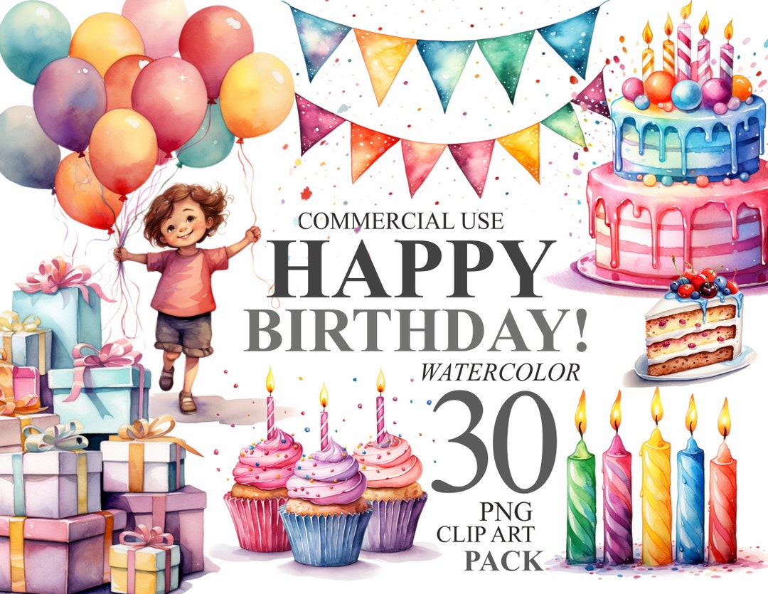 30 Happy Birthday Clipart Bundle Watercolor Kids Party Digital Clip Art ...