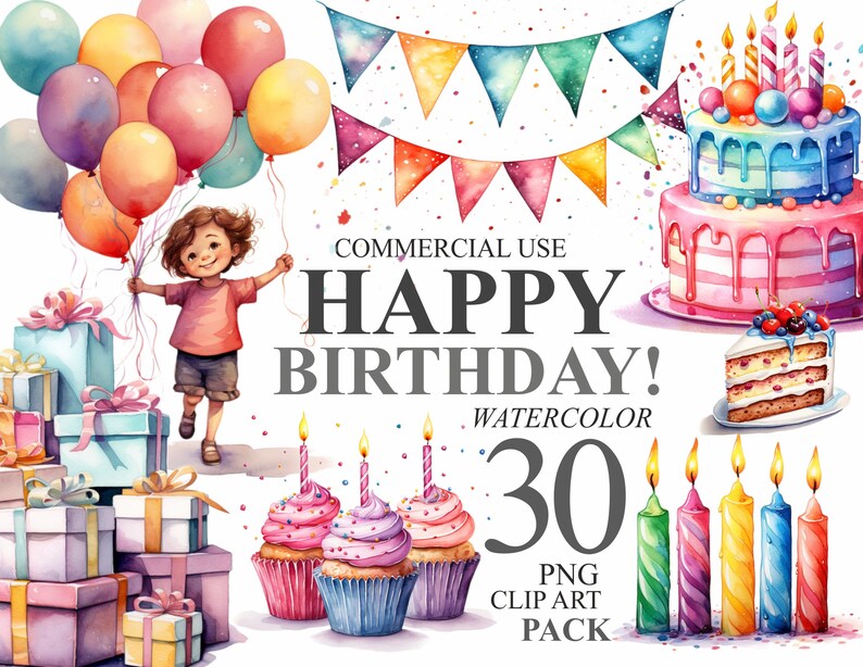 30 Happy Birthday Clipart Bundle Watercolor Kids Party Digital Clip Art ...