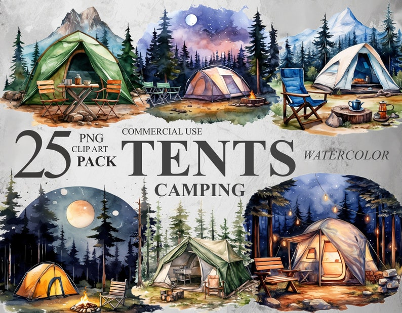 25 Camping Tents Clipart, Watercolor Cute Camper PNG Digital Clip Art ...