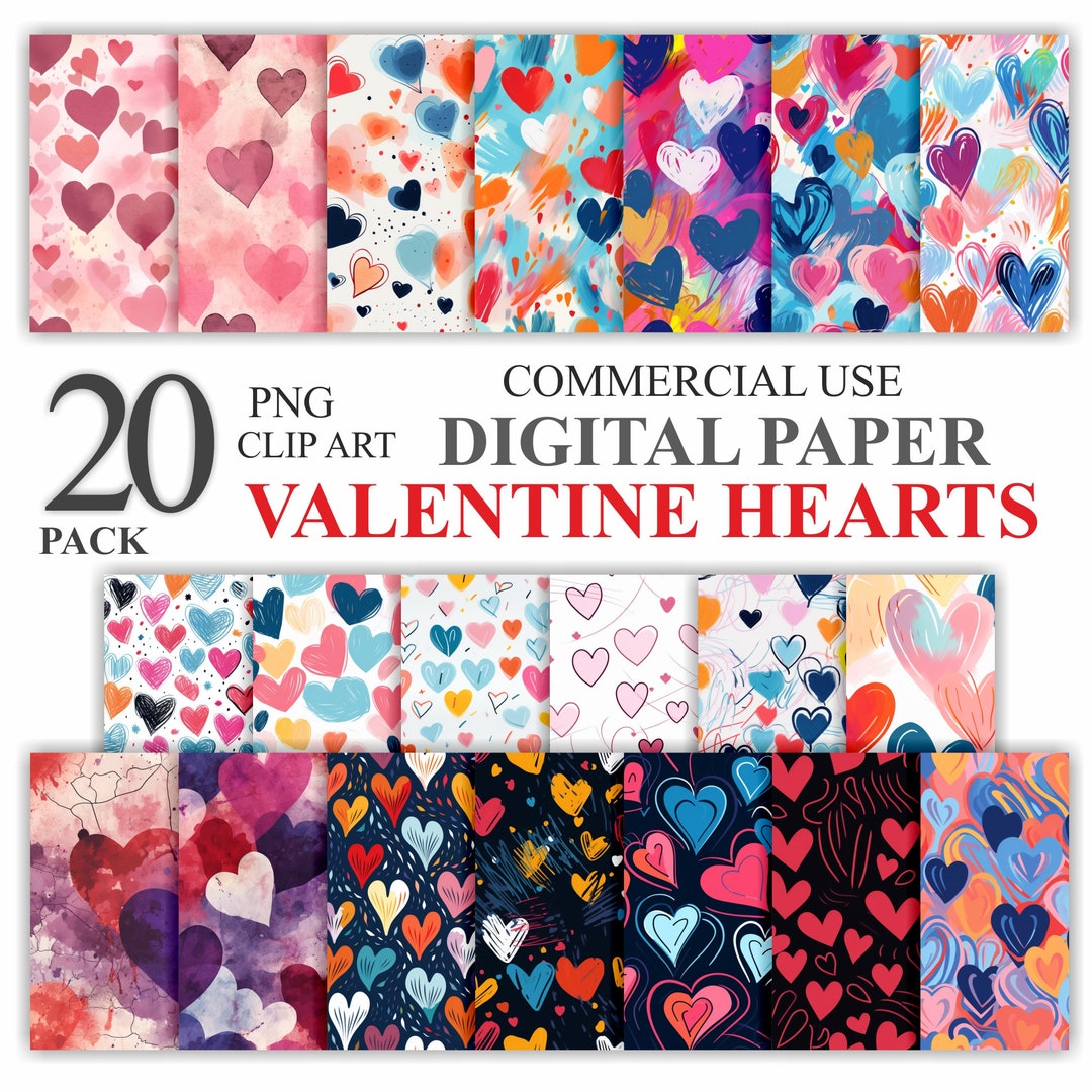 20 Valentine Day Hearts Digital Paper Bundle Pack, February 14th ...