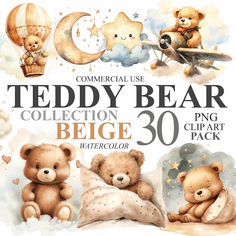 30 Watercolor Teddy Bear Collection Beige Clipart, Boy Baby Shower ...