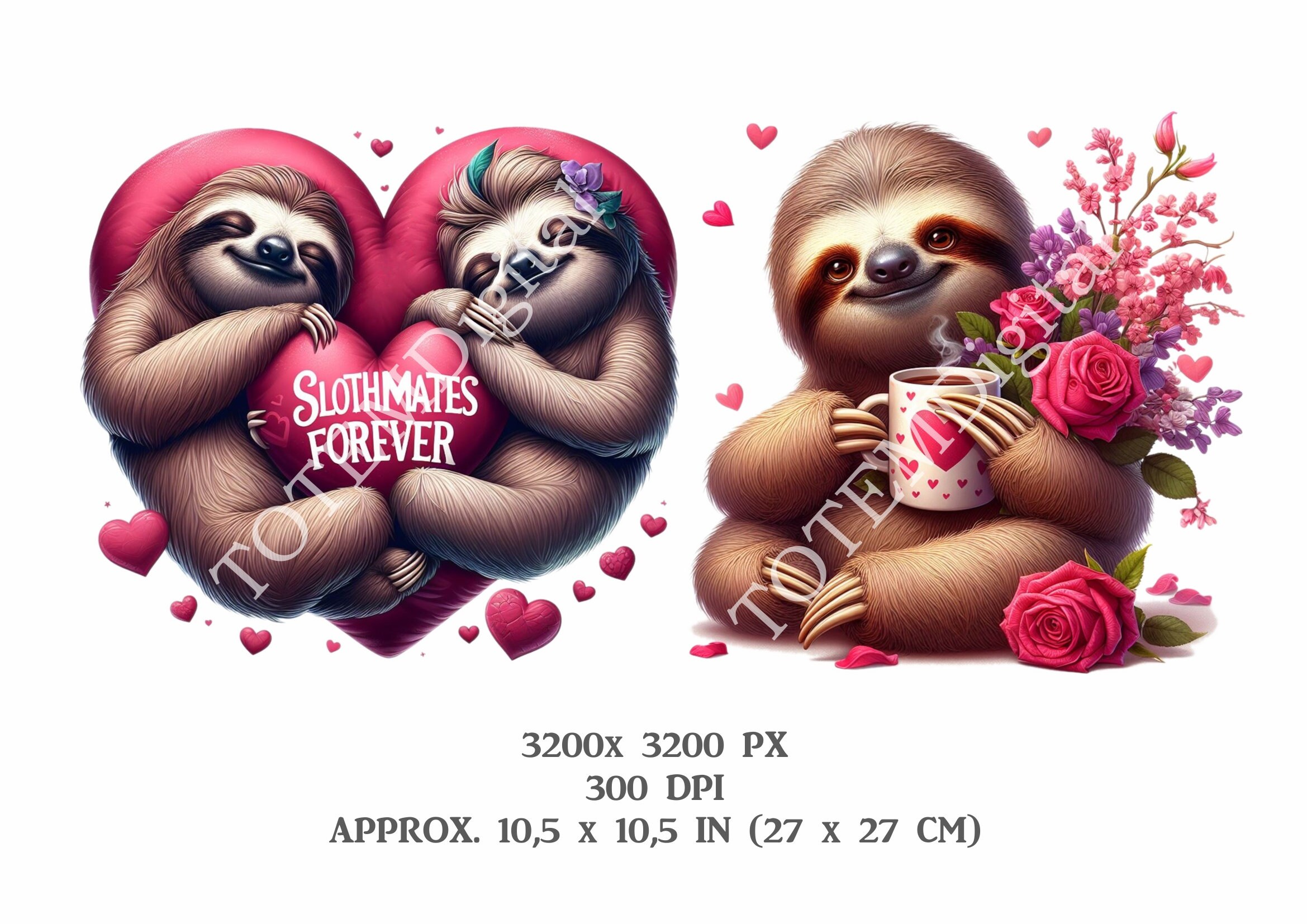 25 Watercolor Valentine Sloths Pack, February 14th Cute Animals Clip ...