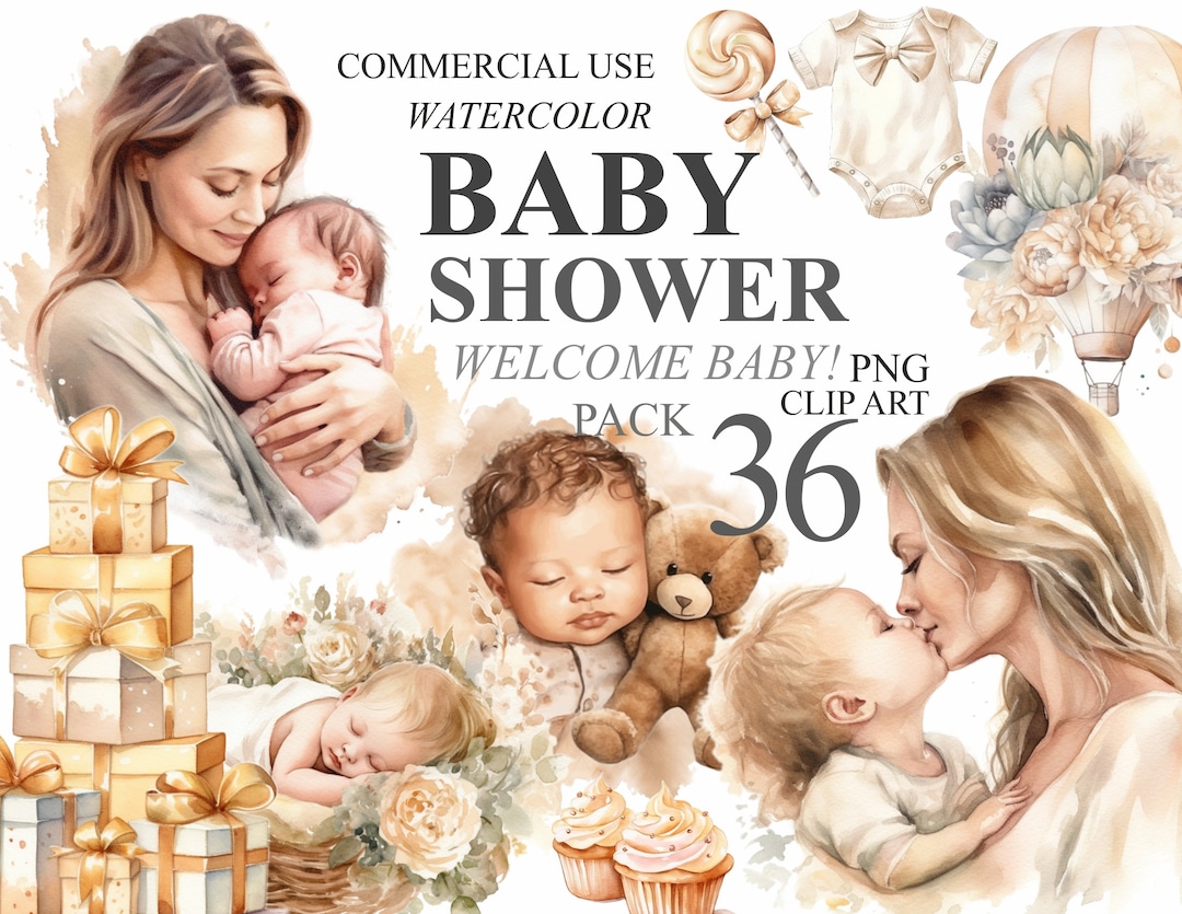 36 Watercolor Baby Shower Clipart Welcome Baby Bundle Digital Clip Art ...