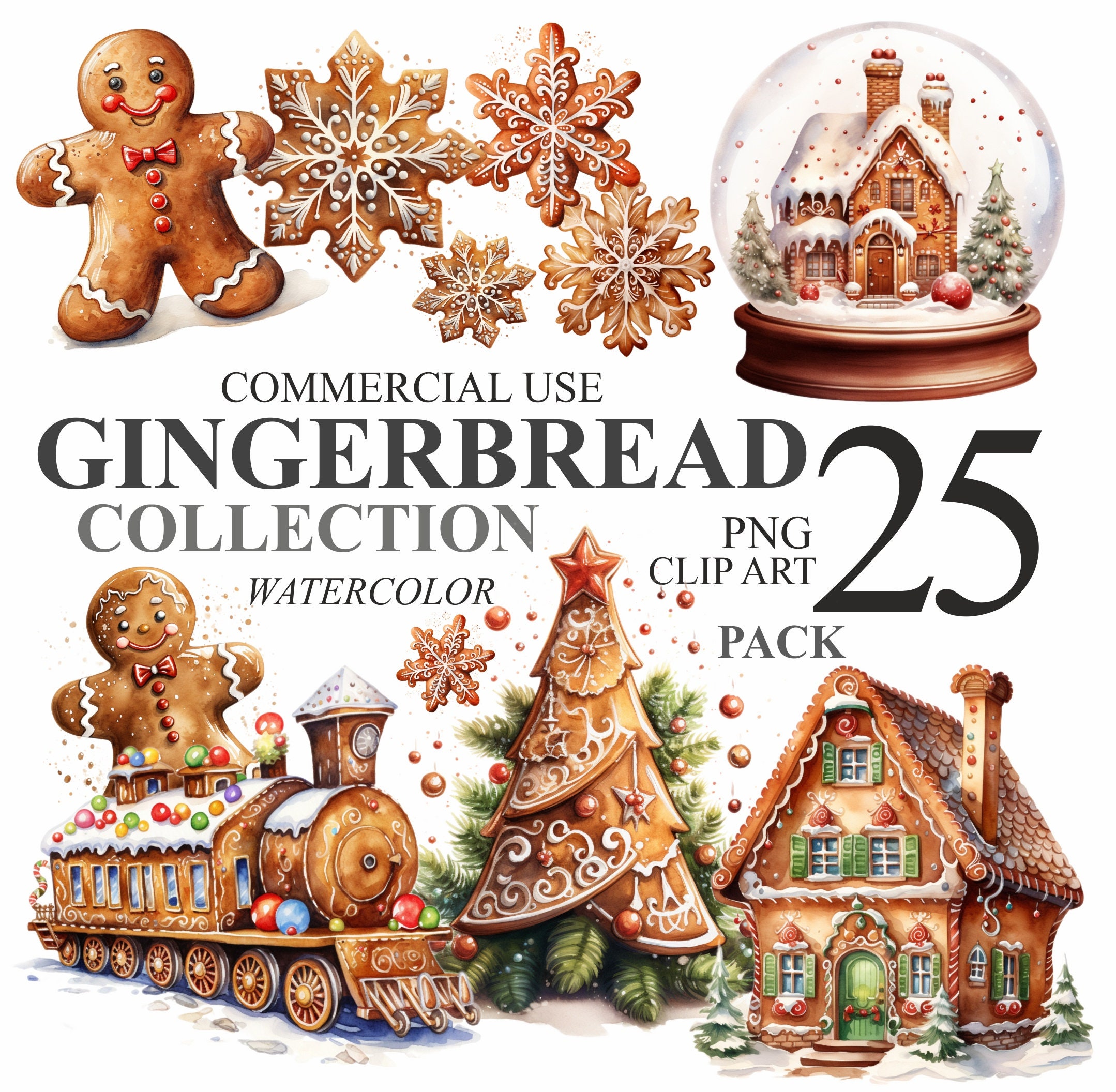 25 Gingerbread Collection Clipart, Watercolor Xmas Holiday Cookies PNG ...