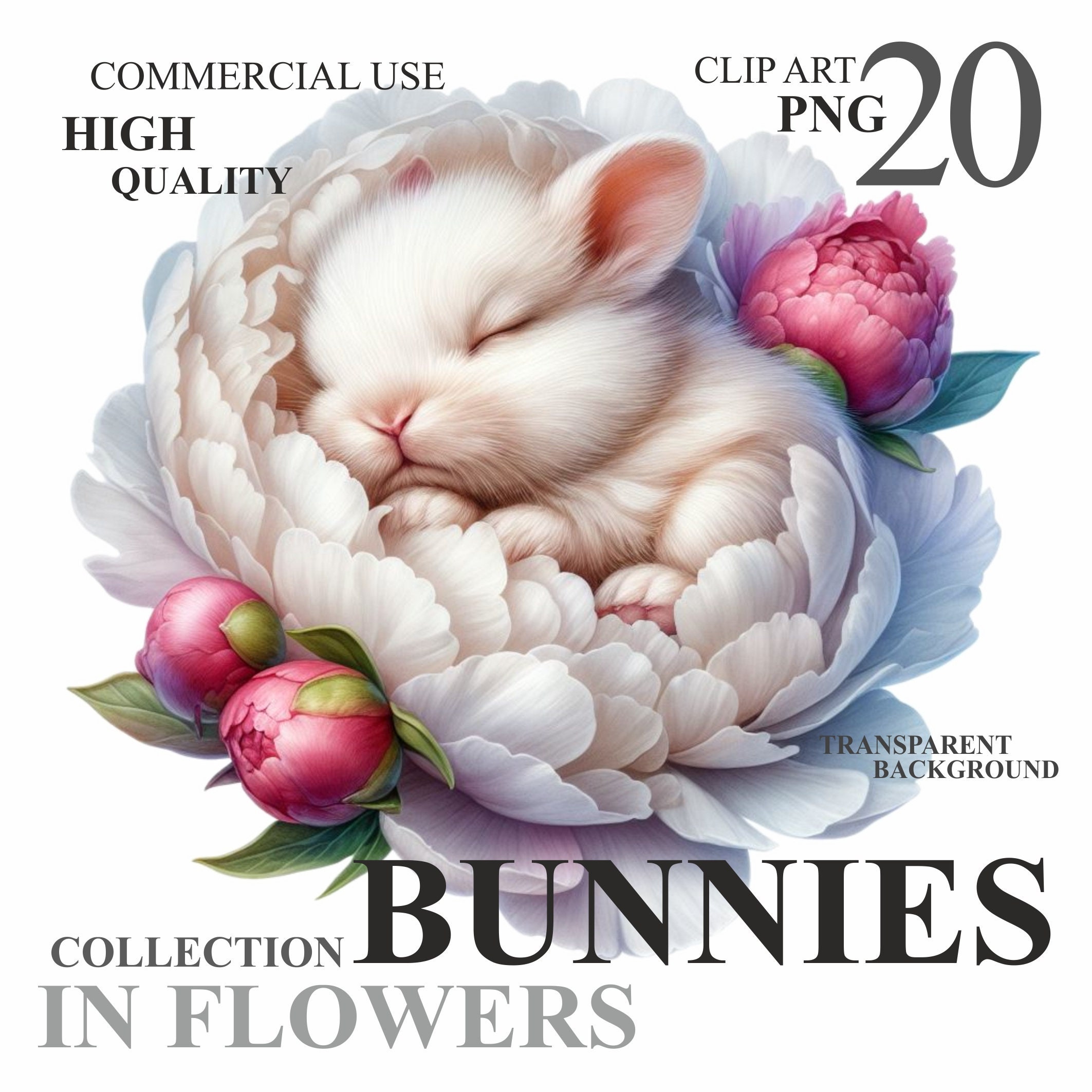 20 Watercolor Bunnies in Flowers Pack, Cute Easter Floral Rabbit PNG ...