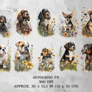 40 Cute Puppies and Flowers Clipart, Watercolor Little Dogs PNG Digital ...