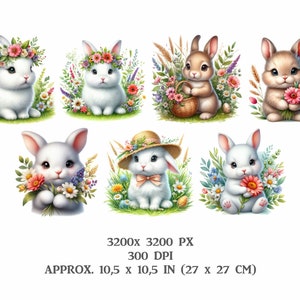 15 Watercolor Spring Bunny Pack, Cute Easter Rabbit With Flowers PNG ...