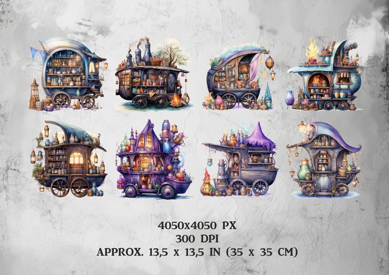30 Magic Caravans Clipart, Watercolor Wizard House PNG Digital Clip Art ...