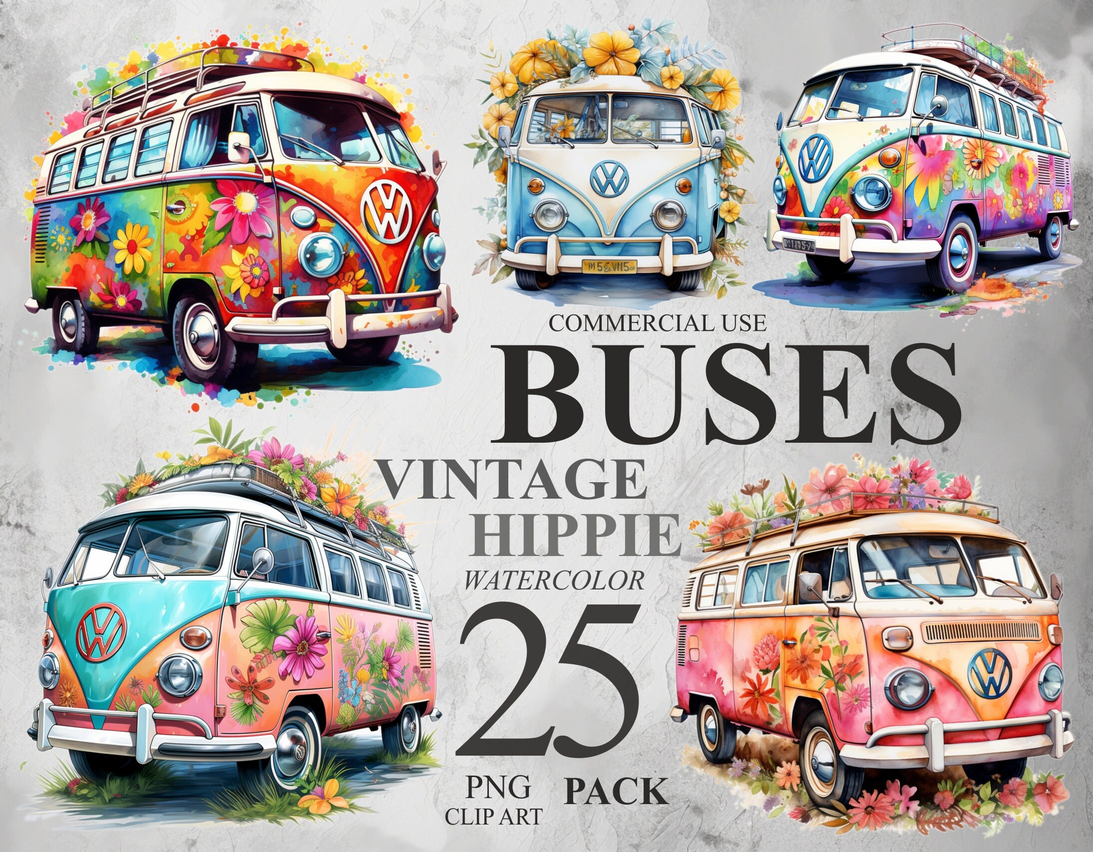 25 Vintage Hippie Buses Clipart, Watercolor VW Bus PNG Digital Clip Art ...