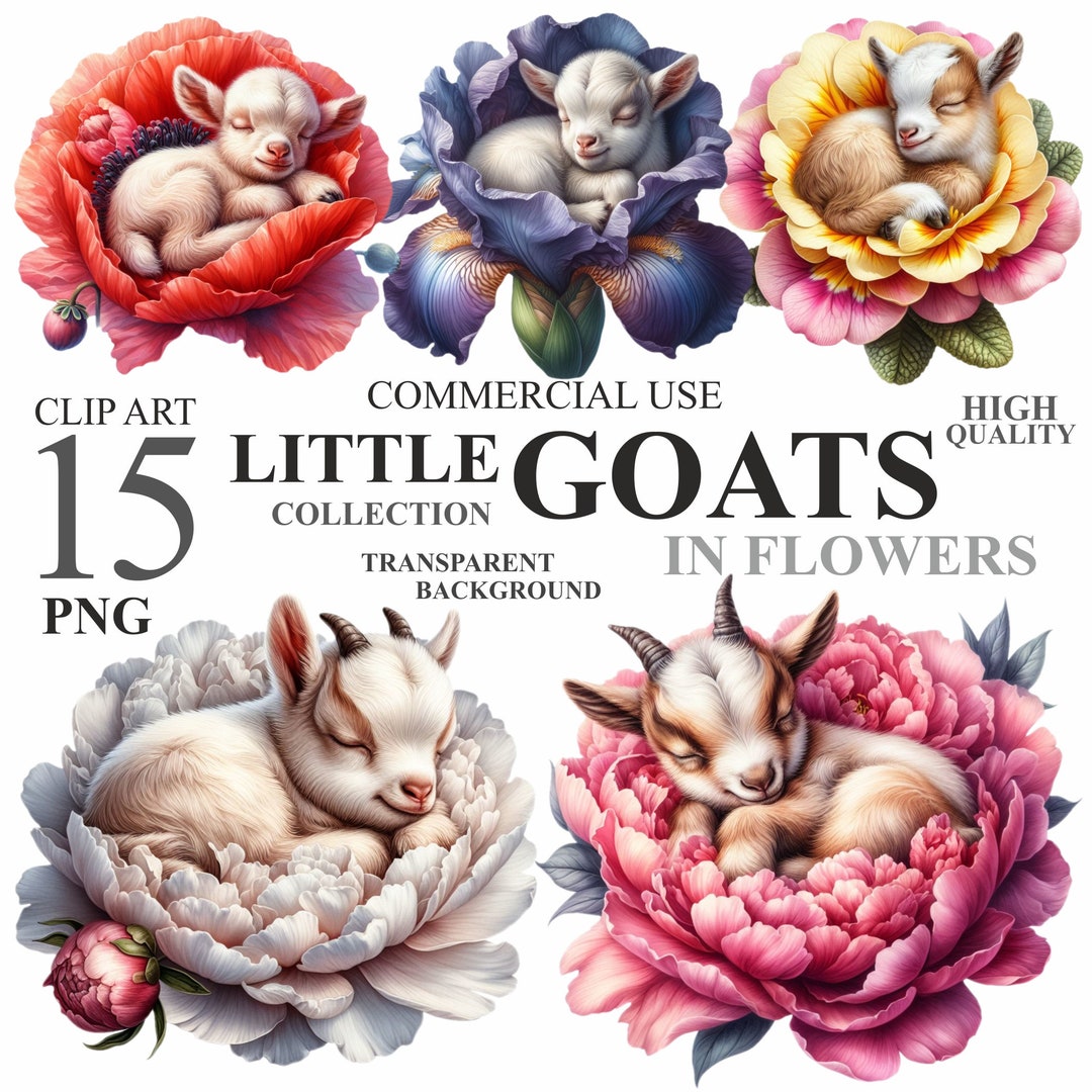 15 Watercolor Goats in Flowers Pack, Cute Floral Kid Goatling PNG Clip ...