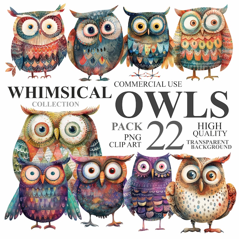 22 Whimsical Owls Clipart, Watercolor Funny Graphics PNG Digital Clip ...