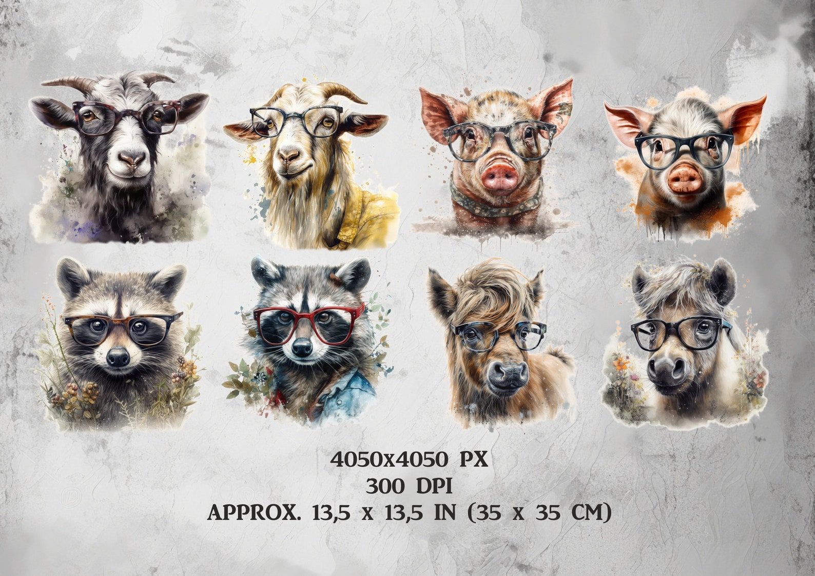 24 Cute Animals in Glasses Clip Art, Watercolor Smart Animals Wearing ...
