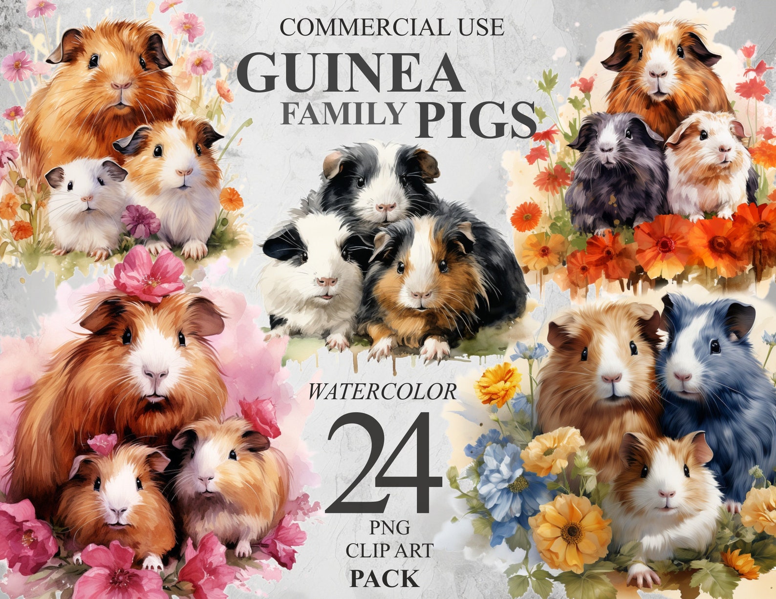24 Watercolor Guinea Pigs Family With Flowers Pack, Watercolour Cute ...