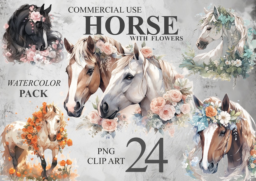 24 Horses With Flowers Clipart, Watercolor Wild Horse PNG Digital Clip ...