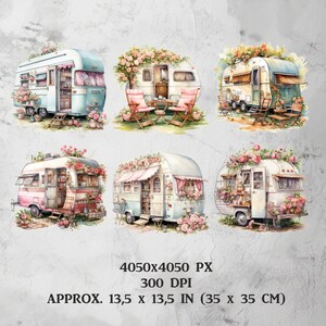 30 Spring Adventure Campers Clipart, Watercolor Flowers Cute Caravan ...