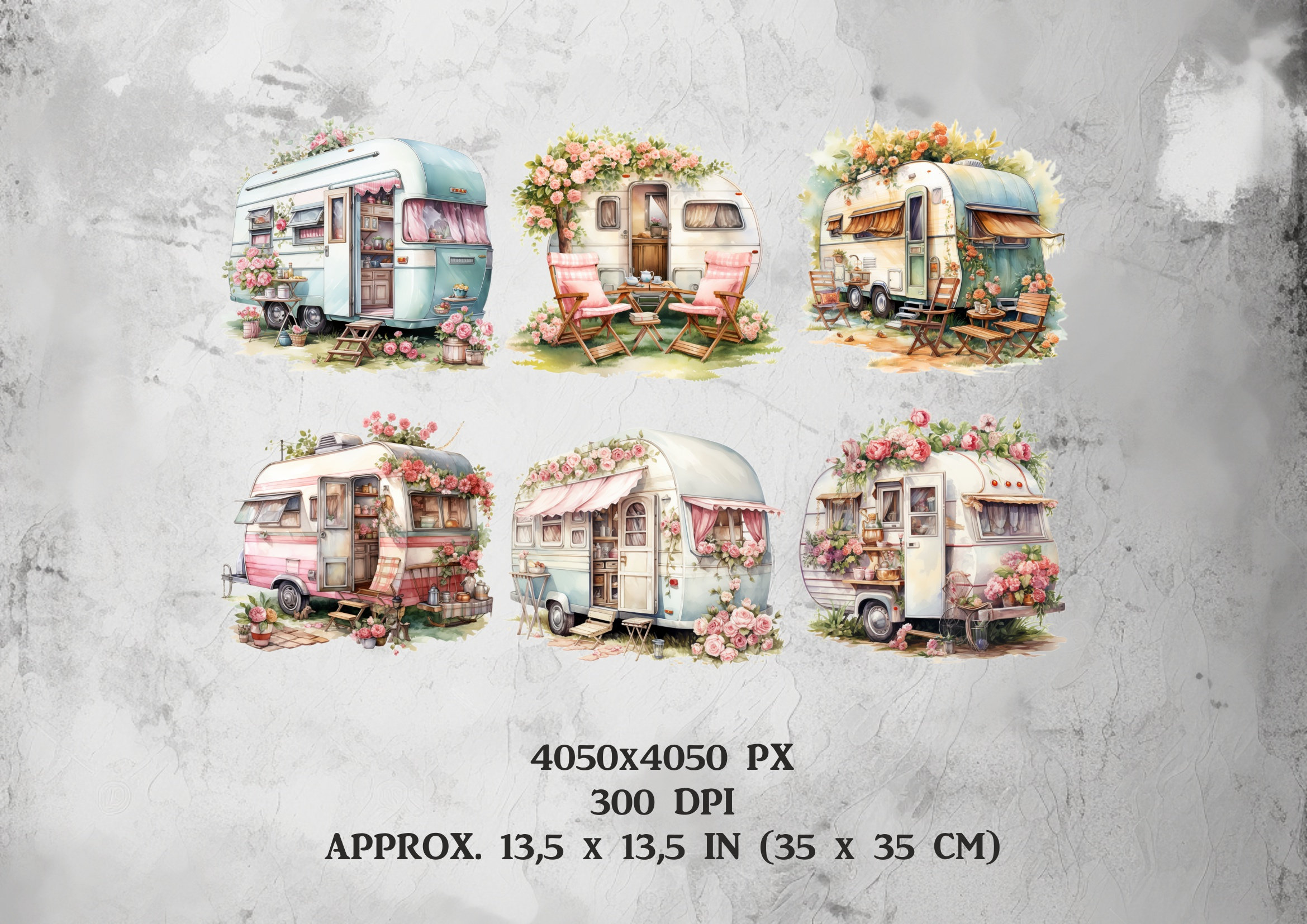 30 Spring Adventure Campers Clipart, Watercolor Flowers Cute Caravan ...