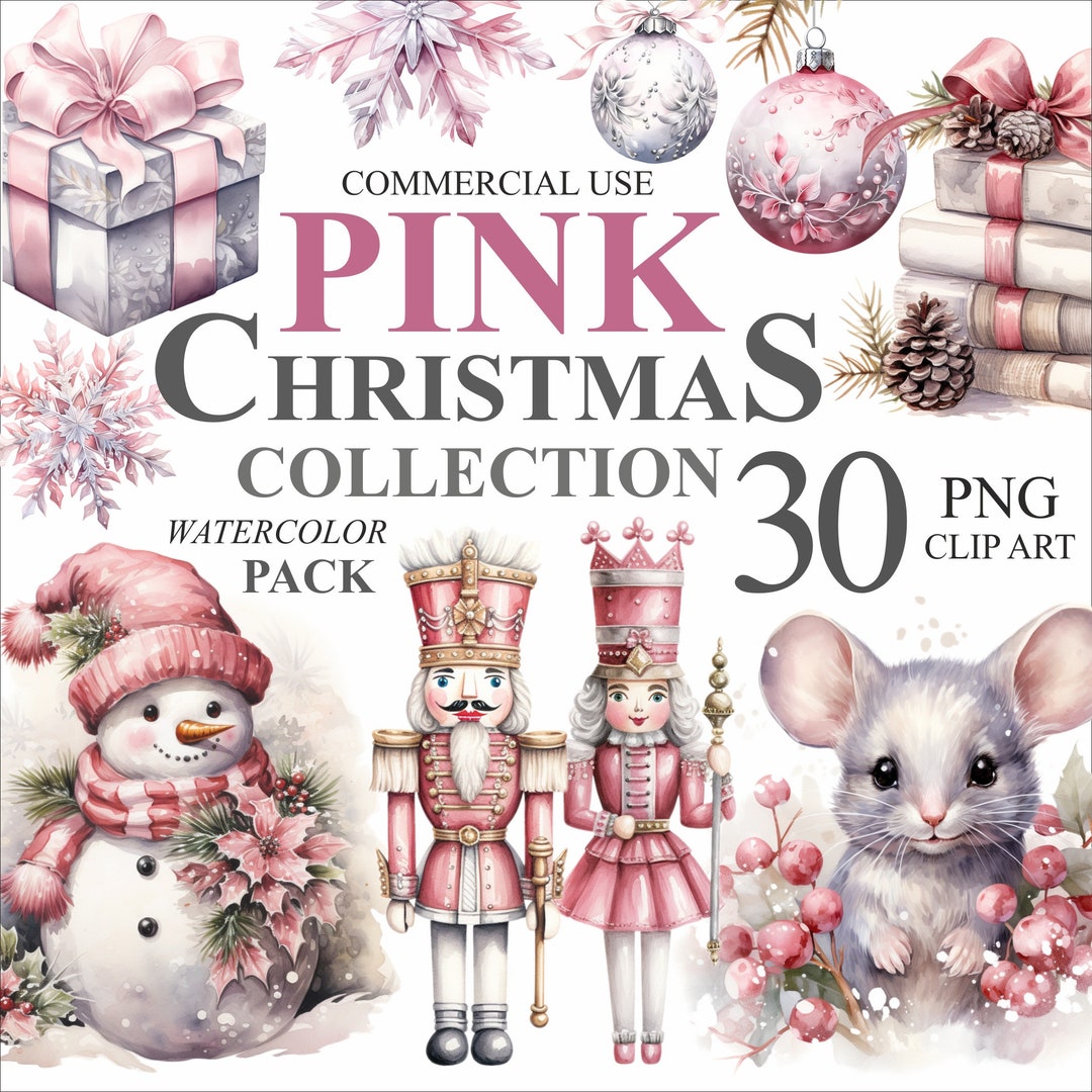 30 Pink Christmas Collection Clipart, Watercolor Xmas Cottagecore PNG ...