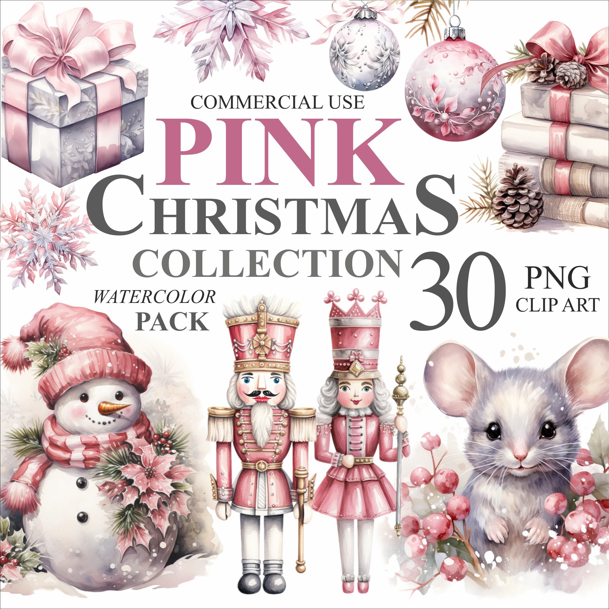 30 Pink Christmas Collection Clipart, Watercolor Xmas Cottagecore PNG ...
