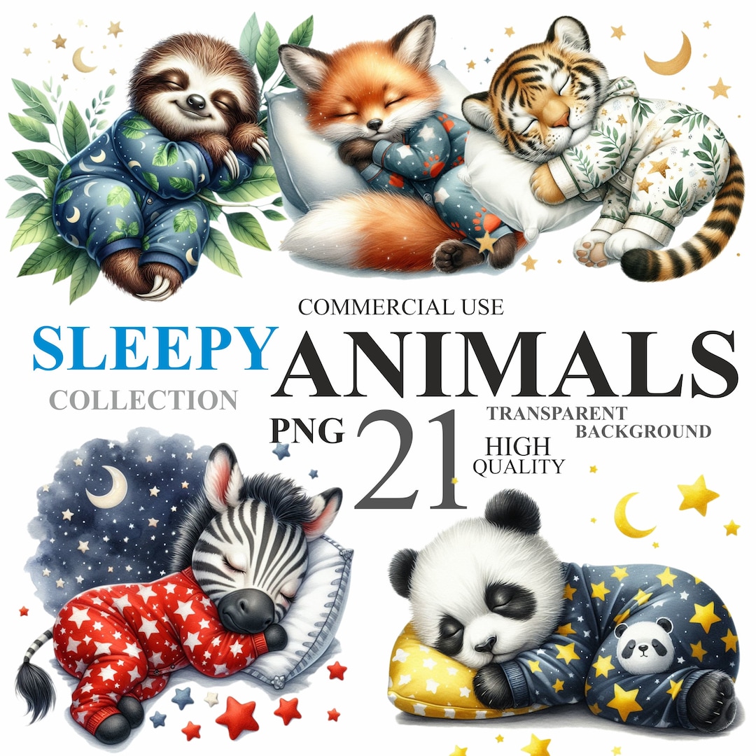 21 Watercolor Sleepy Animals Pack, Cute Nursery Sleeping Pet in Pajama ...