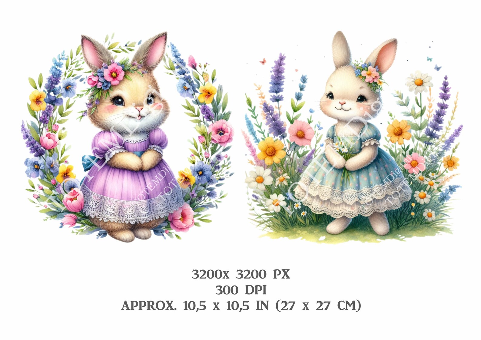 15 Cute Bunnies in Dresses Pack, Watercolor Spring Hares With Flowers ...