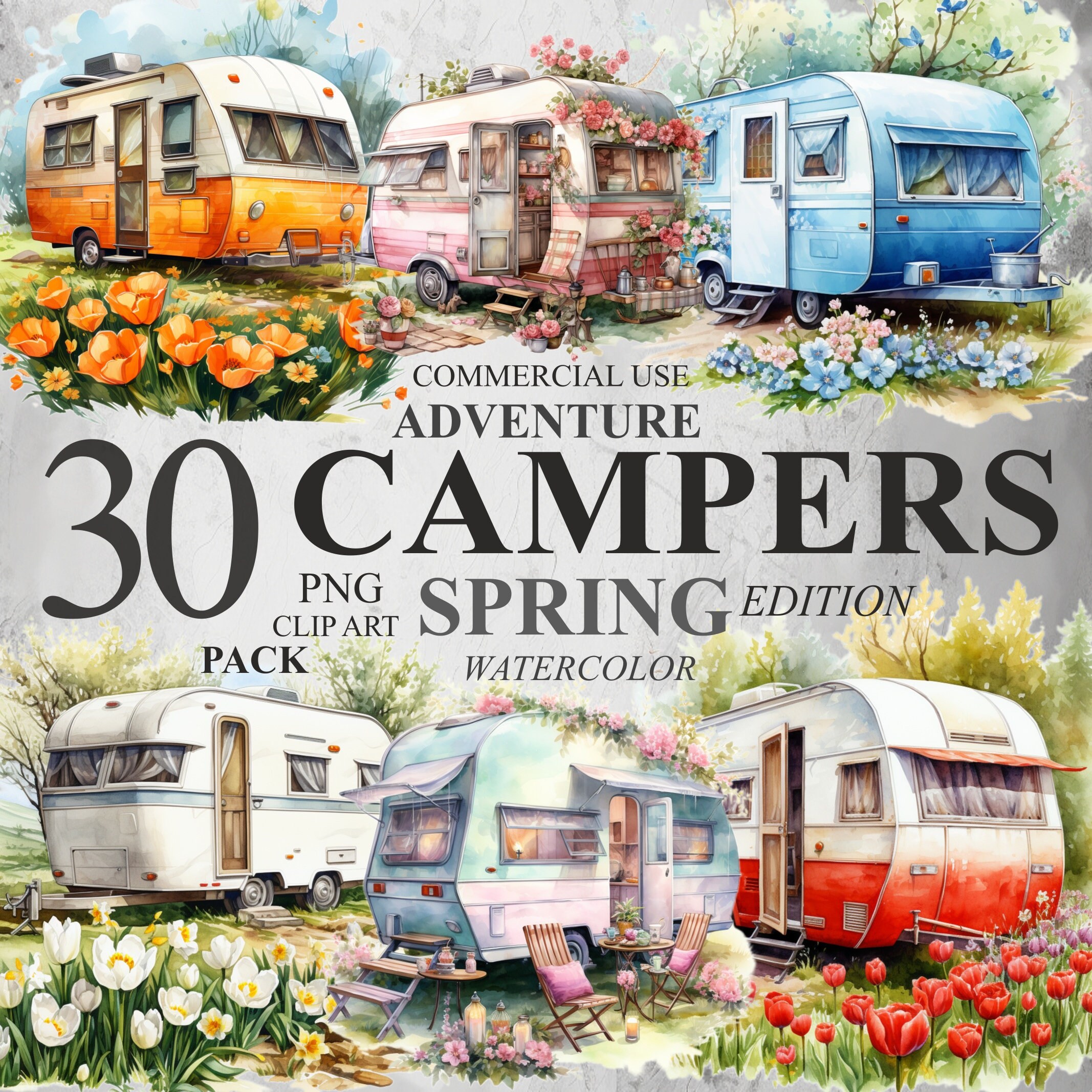 30 Spring Adventure Campers Clipart, Watercolor Flowers Cute Caravan ...