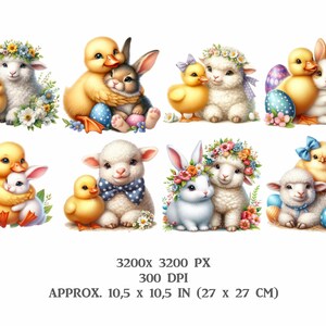 15 Easter Friends Pack, Watercolor Cute Spring Animals With Flowers PNG ...