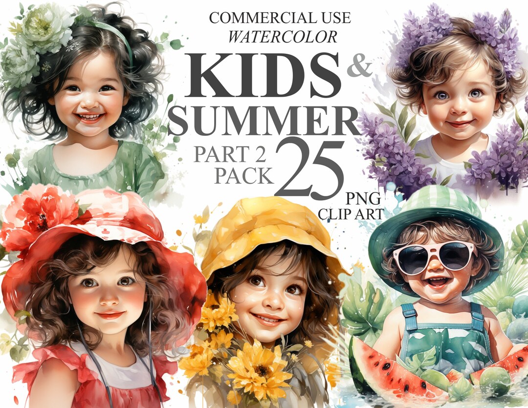 25 Watercolor Kids and Summer Clipart Part 2, Happy Children Bundle ...