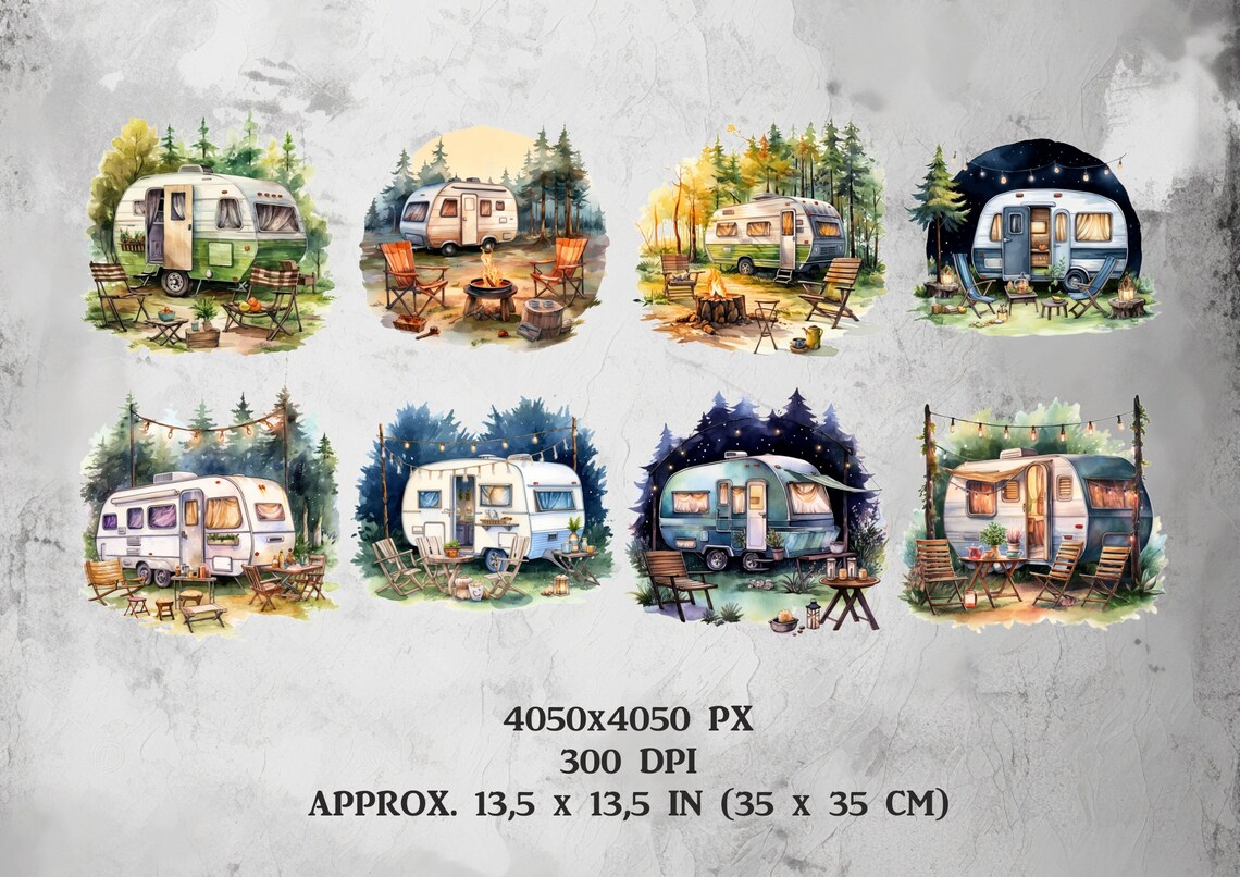 30 Adventure Campers Clipart, Watercolor Cute Caravan PNG Digital Clip ...