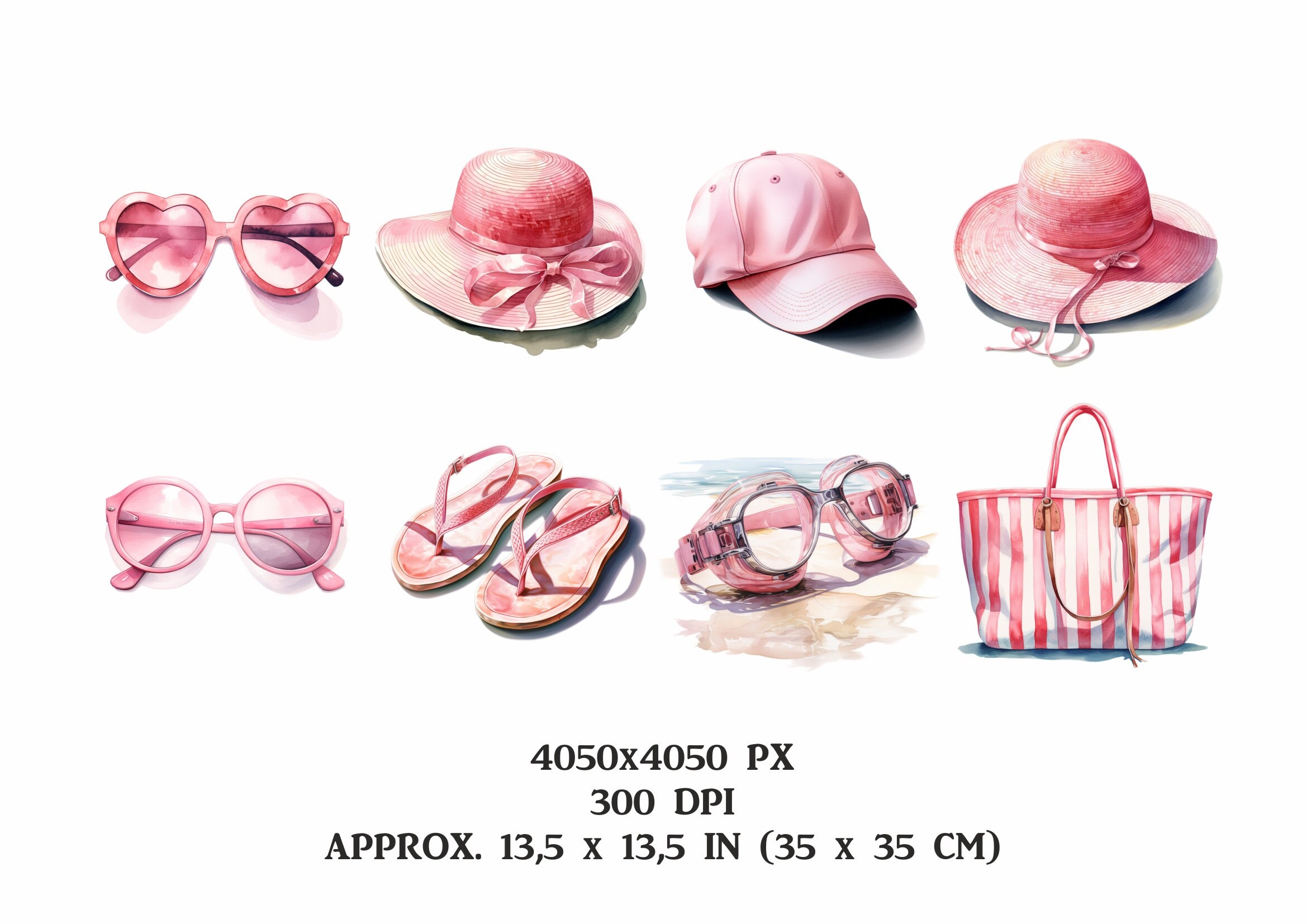 32 Pink Beach Clipart, Watercolor Summer Vacation PNG Digital Clip Art ...