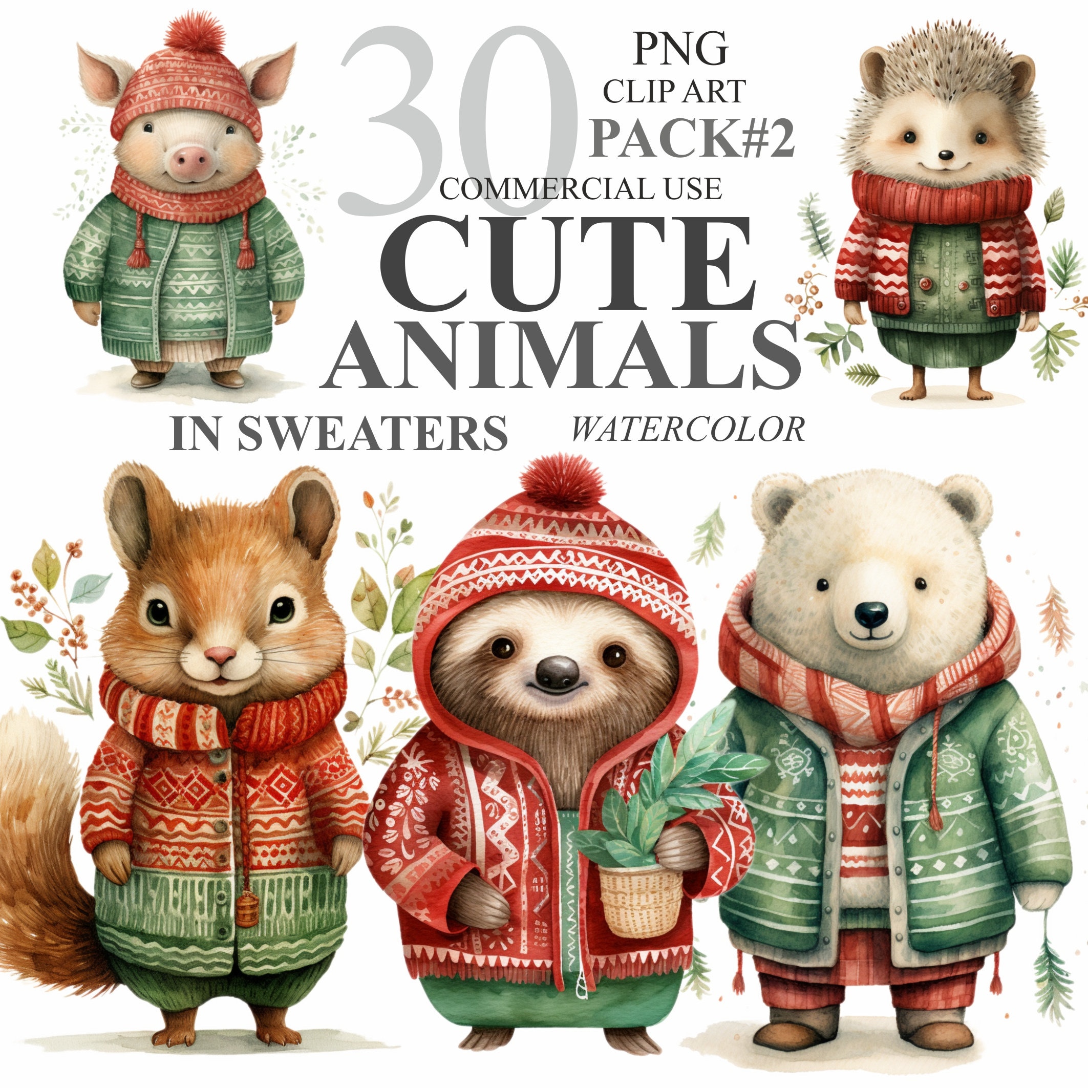 30 Cute Winter Animals in Sweaters Part 2 Pack, Watercolor Animals ...