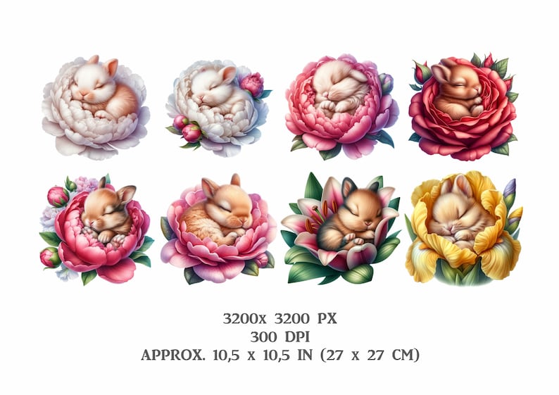 20 Watercolor Bunnies in Flowers Pack, Cute Easter Floral Rabbit PNG ...