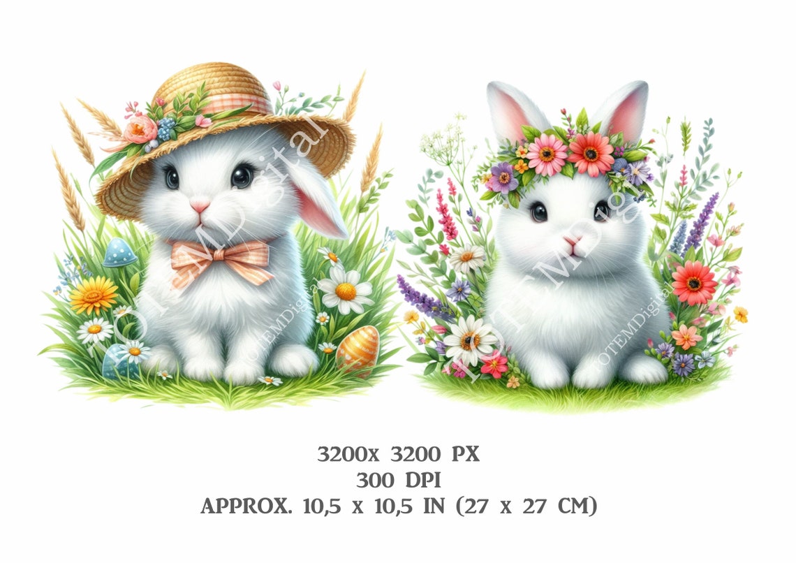 15 Watercolor Spring Bunny Pack, Cute Easter Rabbit With Flowers PNG ...