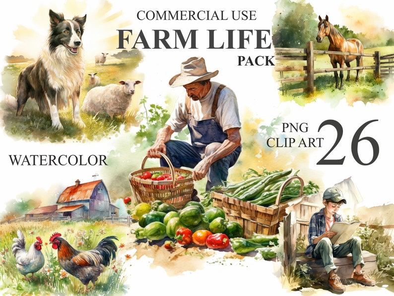 26 Farm Life Clipart, Cute Watercolor Farm Animals PNG Digital Clip Art ...