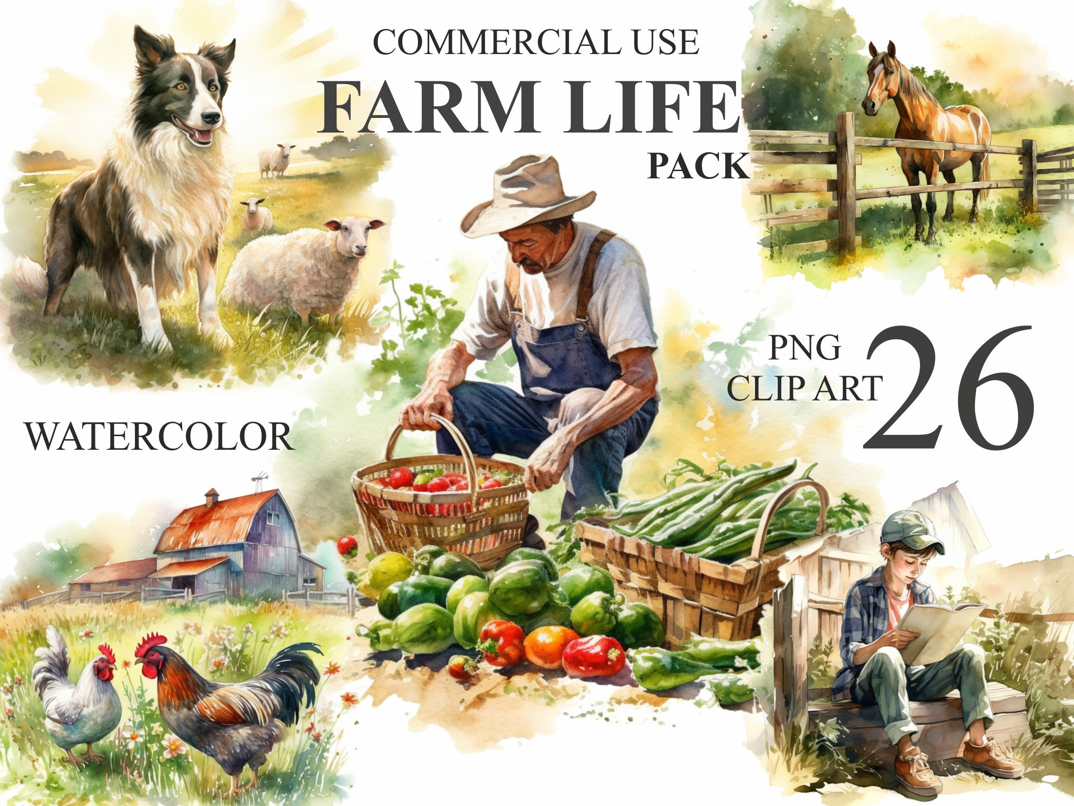 26 Farm Life Clipart, Cute Watercolor Farm Animals PNG Digital Clip Art Bundle, Junk Journal ...
