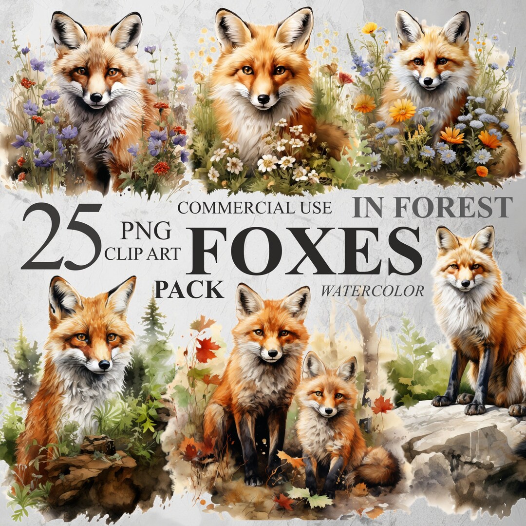 25 Foxes in Forest Clipart, Watercolor Woodland Animals PNG Digital ...