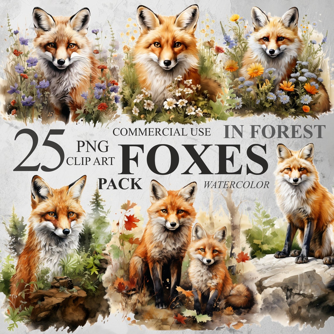25 Foxes in Forest Clipart Watercolor Woodland Animals PNG - Etsy
