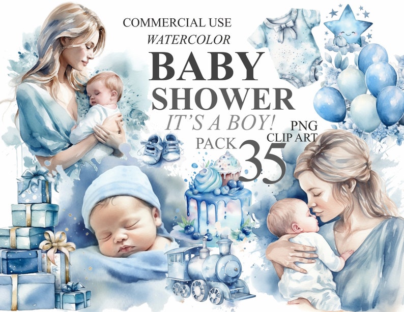 35 Watercolor Baby Shower Clipart Baby Boy Bundle Digital - Etsy