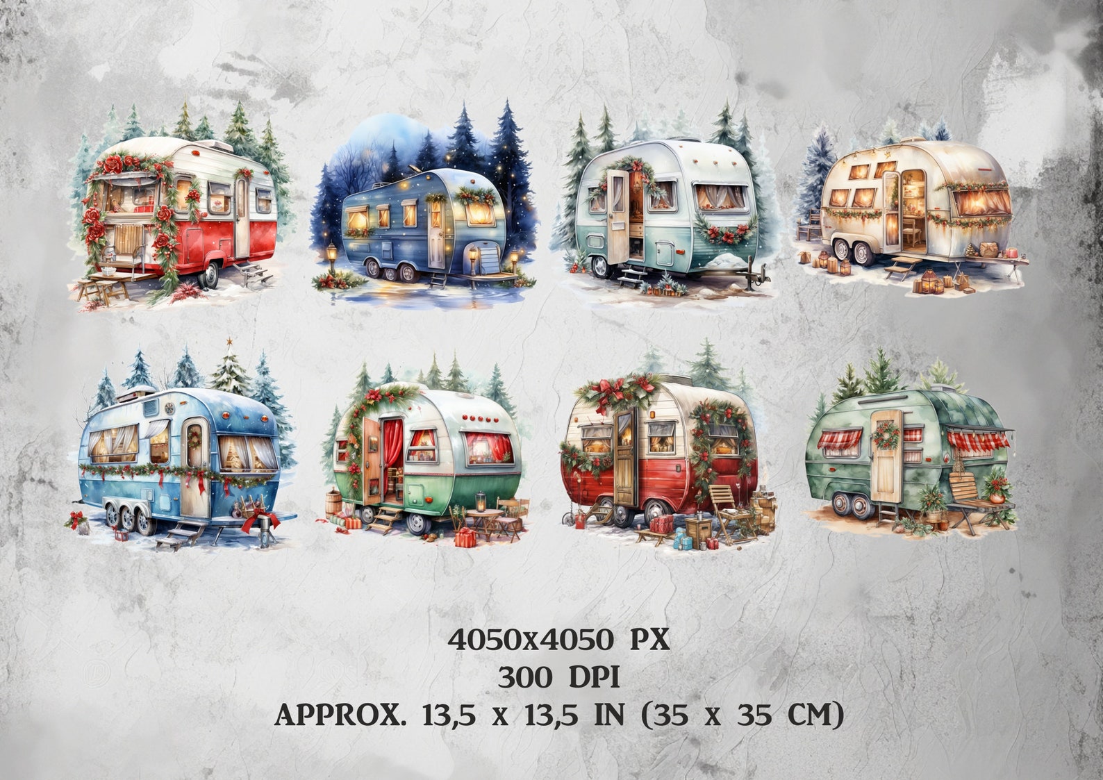 25 Christmas Campers Clipart, Watercolor Holiday Caravan PNG Digital ...