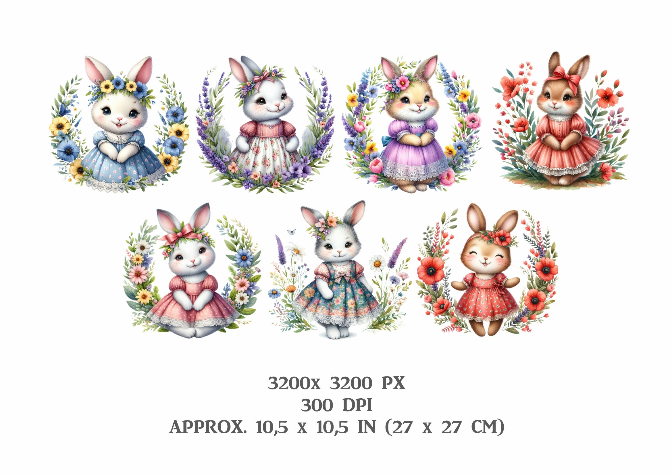 15 Cute Bunnies in Dresses Pack, Watercolor Spring Hares With Flowers ...